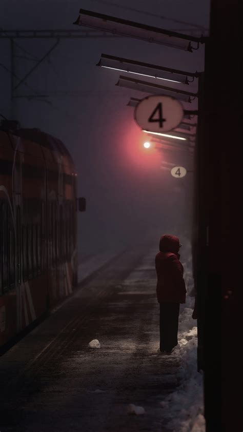 가로등 감기 겨울 겨울 여행 고독 그림자 기다리는 기차 기차역 눈 대중교통 도시 여행 도착 뒷모습 박무 밤 밤 사진 빨간불 서 있는 수직