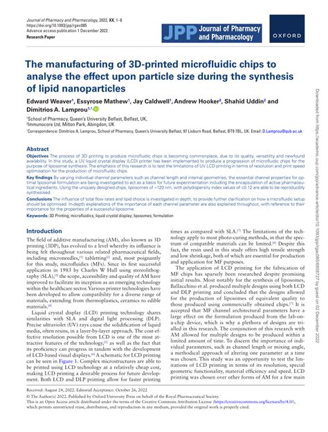Pdf The Manufacturing Of 3d Printed Microfluidic Chips To Analyse The Effect Upon Particle