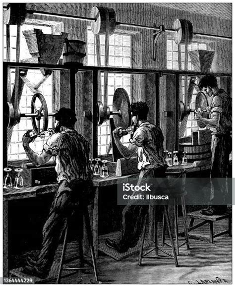 19세기 산업 기술 및 장인정신의 앤티크 일러스트 유리 크리스탈 병 및 성배 생산 기록보관용에 대한 스톡 벡터 아트 및 기타 이미지 기록보관용 유리 부는 직공 19