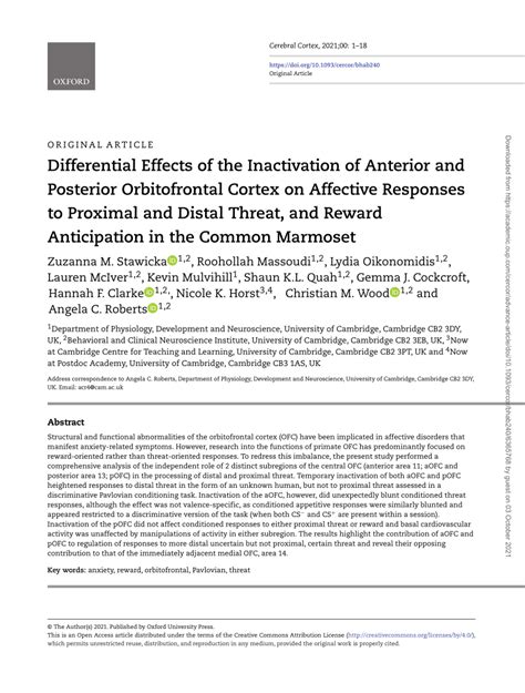 Pdf Differential Effects Of The Inactivation Of Anterior And Posterior Orbitofrontal Cortex On