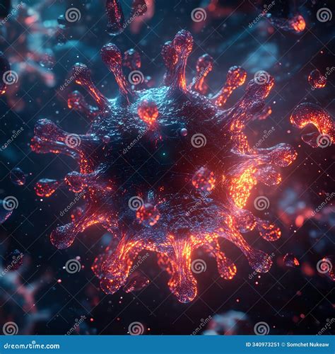 A Detailed Microscopic View Of A Single Virus Particle With Its Spiky Protein Structure Glowing