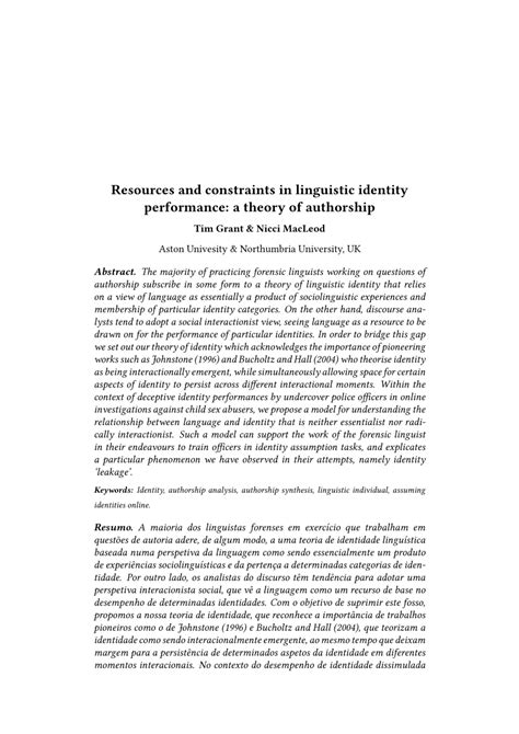 Pdf Resources And Constraints In Linguistic Identity Performance A Theory Of Authorship