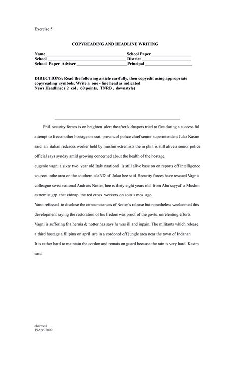 Copyreading Exercise 5 Exercise 5 Copyreading And Headline Writing Name