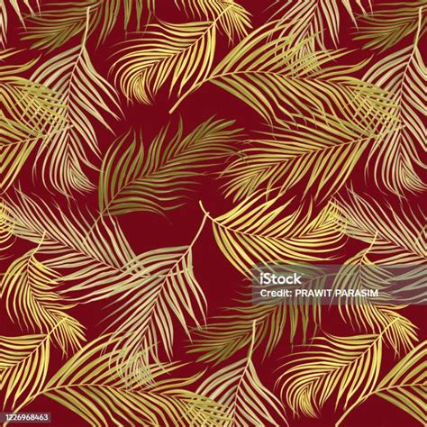 붉은 배경에 황금 야자수 잎 이나 코코넛 잎 벡터 패턴 패턴은 직물 벽지 및 인쇄에 대한 깨끗합니다 견본 패널에 패턴이 있습니다 0명에 대한 스톡 벡터 아트 및 기타 이미지