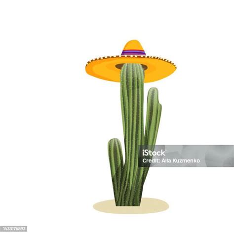 넓은 멕시코 솜브레로 모자 격리 된 요소에 가시가있는 키가 큰 즙이 많은 선인장 아이콘 게임 포장 배너에 대한 벡터 일러스트