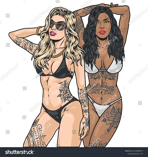 Beach Tattoo Girls Colorful Label Caucasian Stock Vector Royalty Free