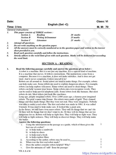 Class 6 English Sample Paper Set C Pdf Huckleberry Finn Robot