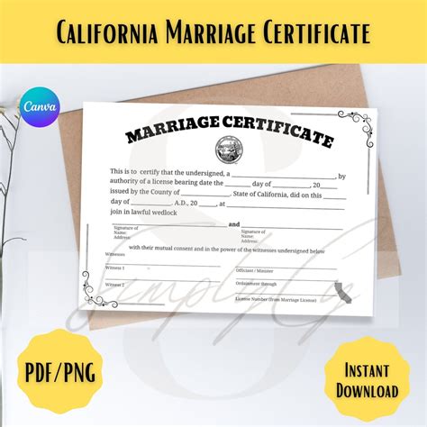 California Marriage Certificate Template Digital Download Etsy