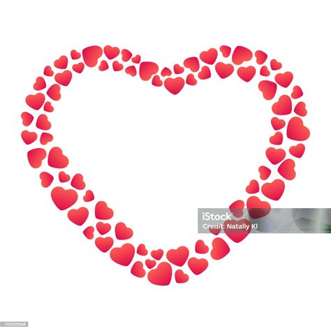 심장의 중앙에있는 윤곽선을 따라 작은 빨간 마음의 심장은 흰색 고립 된 배경에 흰색입니다 벡터 그림입니다 발렌타인 데이 텍스트 삽입을 위한 배경입니다 하트 모양에 대한 스톡