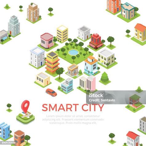 평면 아이소메트릭 주거 분기 스마트 시티 App Infographics 서식 파일 벡터 일러스트 레이 션 3d 아이소메트리