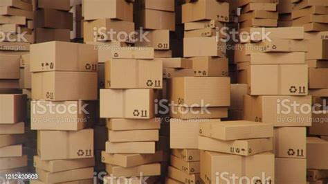 창고 물류 센터 내부 골판지 상자의 배경 골판지 상자로 가득 찬 창고 창고의 혼란 3d 일러스트레이션 0명에 대한 스톡 사진 및