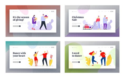 휴일 축하 및 준비 웹 사이트 방문 페이지 세트 크리스마스와 새해 선물을 구입 행복한 사람들 디스코 웹 페이지 배너에 춤 젊은 문자 만화 플랫 벡터 일러스트 가방에 대한