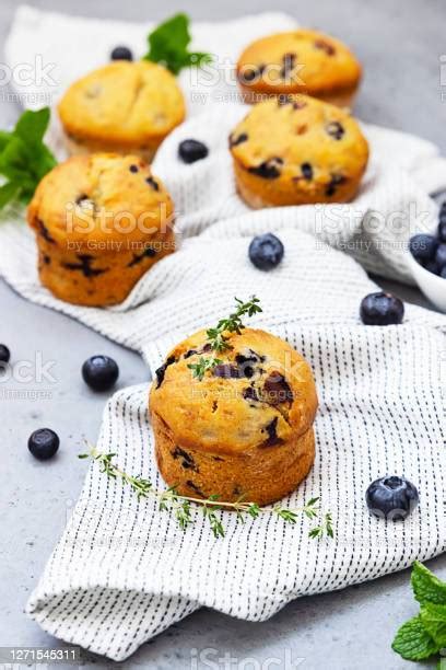 백리향 신선한 베리 그레이 콘크리트 배경에 민트로 장식 된 신선한 수제 맛있는 블루 베리 머핀 가벼운에 대한 스톡 사진 및 기타 이미지 Istock