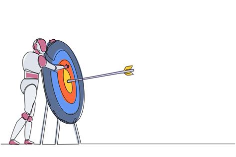 Single Continuous Line Drawing Robots Hugging Huge Target With Arrow On Target Modern Robotics
