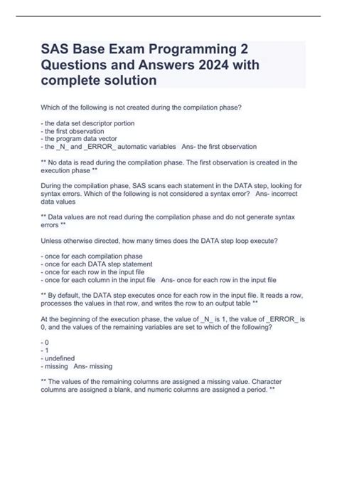 sas base exam programming 2 questions and answers 2024 with complete