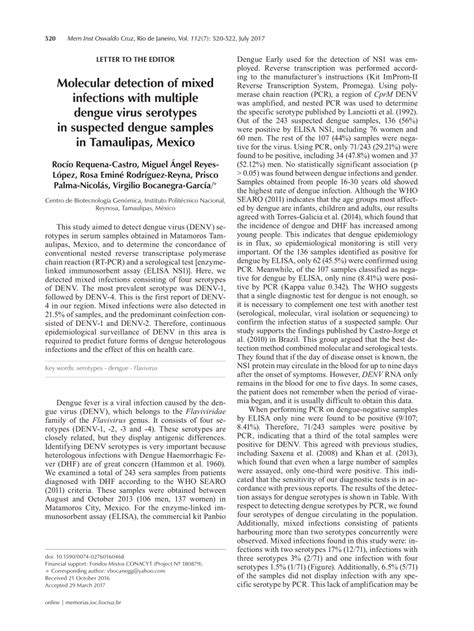 Pdf Molecular Detection Of Mixed Infections With Multiple Dengue