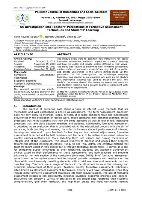 Pdf An Investigation Into Teachers Perceptions Of Formative Assessment Techniques And