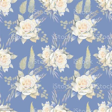흰 장미와 유칼립투스 매끄러운 수채화 패턴입니다 팜파스 잔디와 꽃의 꽃다발은 보헤미안 스타일의 끝없는 식물 배경입니다 결혼식 장식을 위한 배경 축제 포장지 0명에 대한 스톡