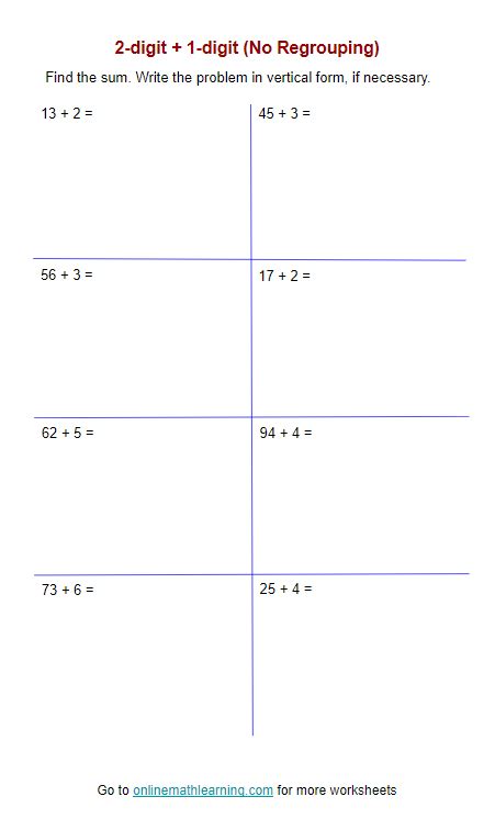 2 digit plus 1 digit worksheets first grade printable