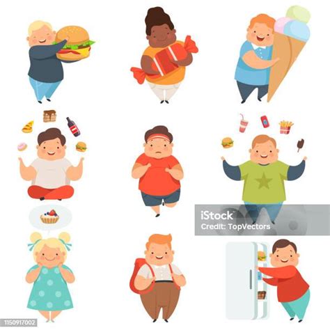 과 체중 소년과 소녀 세트 흰색 배경에 패스트 푸드 벡터 일러스트 레이 션과 귀여운 통 통한 어린이 만화 캐릭터 과체중에 대한 스톡 벡터 아트 및 기타 이미지 Istock