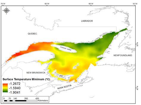 Interpolated Prediction Surface Of Surface Temperature Minimum ˚c