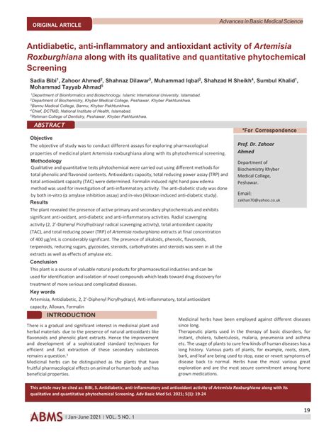 Pdf Antidiabetic Anti Inflammatory And Antioxidant Activity Of Artemisia Roxburghiana Along