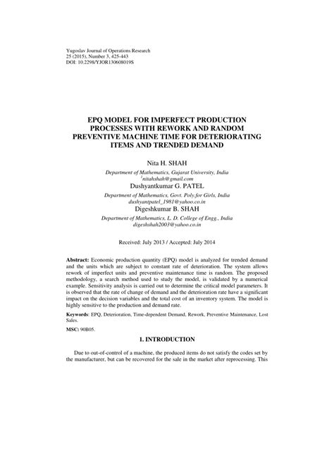 Pdf Epq Model For Imperfect Production Processes With Rework And