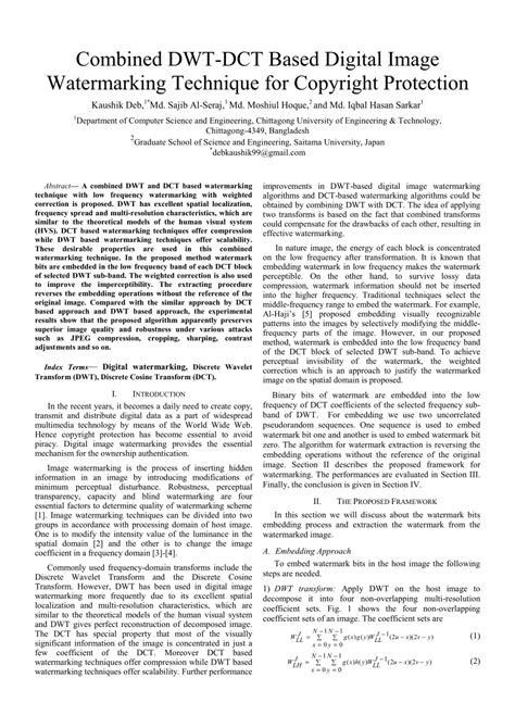 Pdf Combined Dwt Dct Based Digital Image Watermarking Technique For
