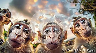 A Group Of Monkeys Standing Next To Each Other In Close Proximity Stock