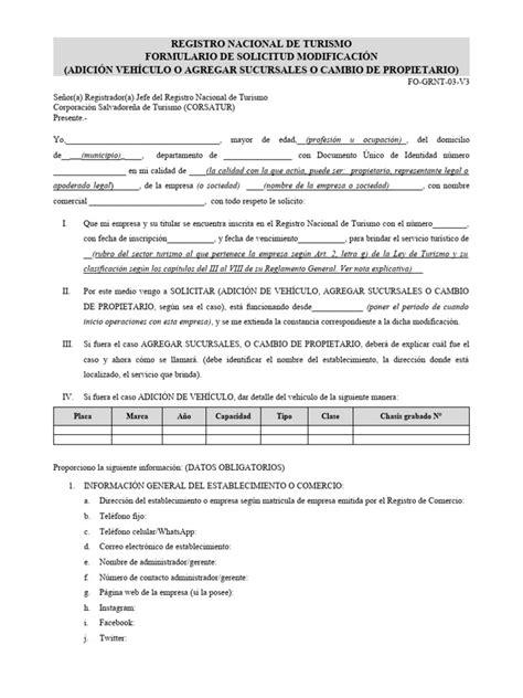 Rnt Formulario Solicitud De Modificacion Pdf Business Turismo