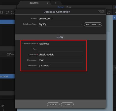 wappler documentation connecting to a database
