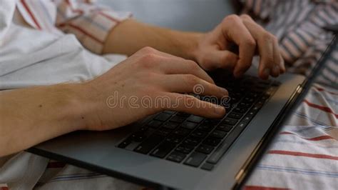 Freelancer Hands Typing Laptop Keyboard In Pajamas Closeup Man Working Late Stock Image Image