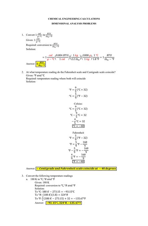 Solution Chemical Engineering Calculations Dimensional Analysis