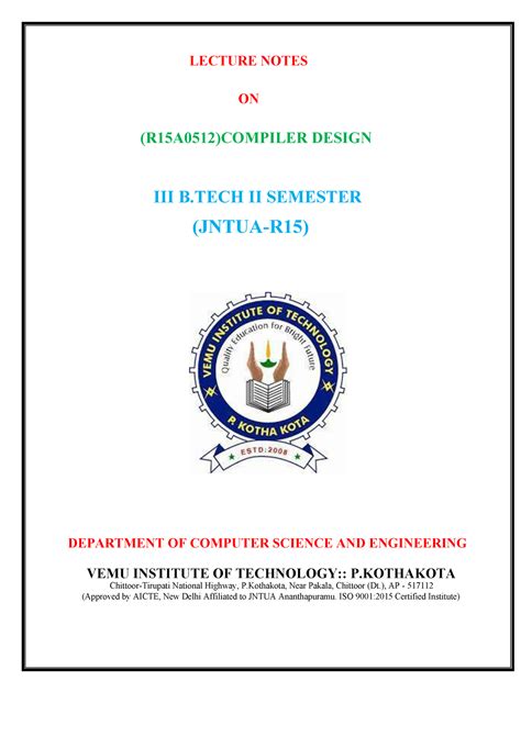 Compiler Design Notes LECTURE NOTES ON R A COMPILER DESIGN III B II SEMESTER JNTUA R