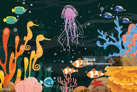 열대 수중 해파리와 산호초의 광대 물고기 자연 속의 바다 생물 다채로운 해양 풍경 바다에 대한 스톡 벡터 아트 및 기타 이미지 바다 산호초 깊은 Istock