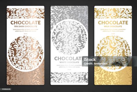 실버와 골드 빈티지 세트의 초콜릿 바 포장 디자인 장식 요소와 벡터 고급 템플릿입니다 배경 및 배경 화면으로 사용할 수 있습니다 음식 및 음료 패키지 유형에 적합합니다 0