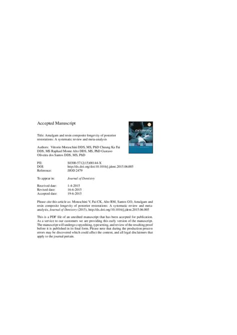 Pdf Accepted Manuscript Title Amalgam And Resin Composite Longevity