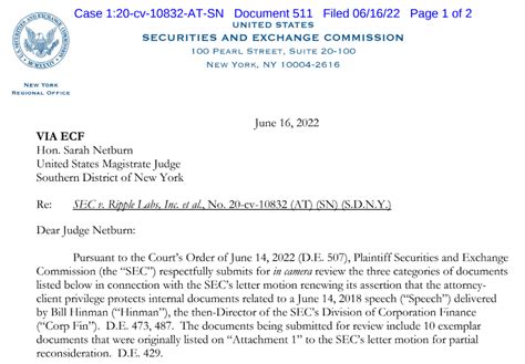 美 Sec 법원에 힌먼 연설 내부 기밀 문서 주장 관련 서류 제출 코인니스