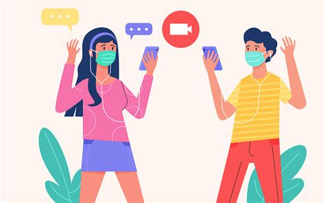 바이러스 확산을 피하기 위해 마스크를 착용하고 실외 벡터 플랫 일러스트 디자인을 마스크착용 벡터에 대한 스톡 벡터 아트 및 기타 이미지 벡터 사회적 거리두기 휴대용