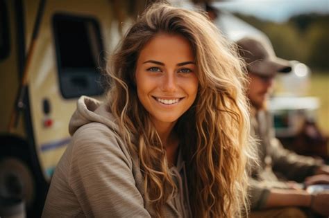 Portrait Of Beautiful Girl In Front Of Camper In Forest Camping In