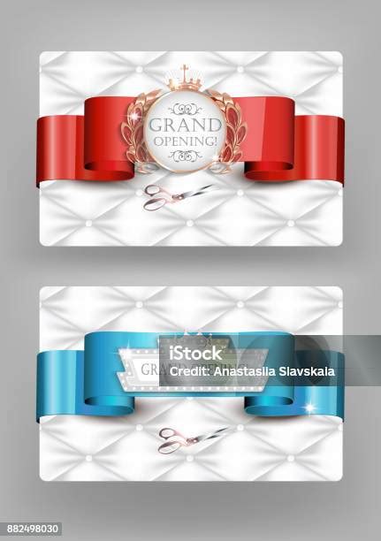 화이트 가죽 텍스처와 그랜드 오프닝 우아한 빈티지 카드 벡터 일러스트 레이 션 리본에 대한 스톡 벡터 아트 및 기타 이미지