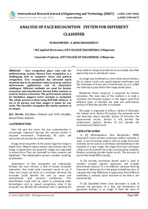 pdf irjet analysis of face recognition system for different classifier