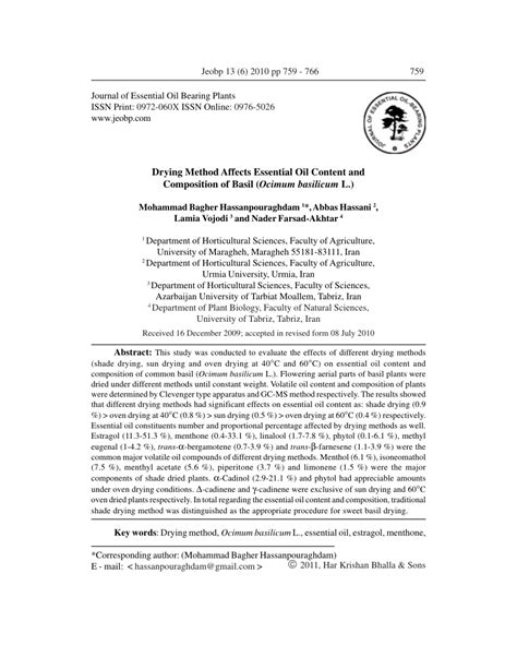 Pdf Drying Method Affects Essential Oil Content And Composition Of Basil Ocimum Basilicum L