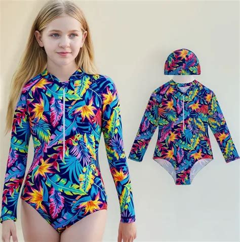 Traje De Baño Para Niñas Mangas Largas 1 Piezas Con Gorro Mercadolibre