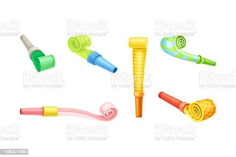 밝은 파티 휘파람 세트 다채로운 생일 장난감 축제 이벤트 축하 만화 벡터 일러스트 레이 션에 대 한 파이프 송풍기 개념에 대한 스톡 벡터 아트 및 기타 이미지 Istock