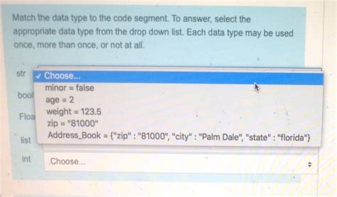 Solved Match The Data Type To The Code Segment To Answer
