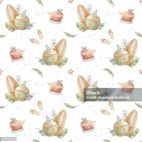 패턴 과일 사과 서핑 보드 풍선 원 몬스테라 잎 야자수 바나나 완벽 한 수채화 아동 인쇄 일러스트 손으로 그린 디자인 직물 직물 옷 벽지 배경 0명에 대한 스톡 벡터 아트