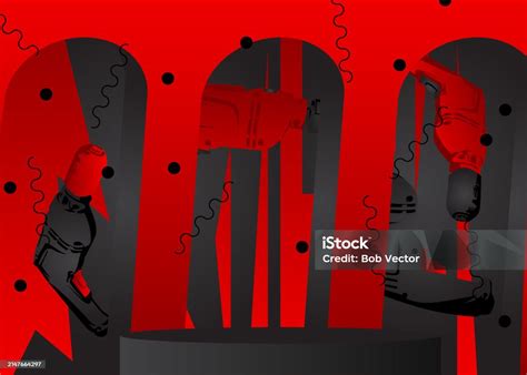 드릴이 있는 검은색과 빨간색 모형 제품 디스플레이 벡터 실린더 받침대 연단입니다 프리젠테이션을 위한 전력 공구 단계 진열장 최소한의 기하학적 형태 Diy에 대한 스톡 벡터