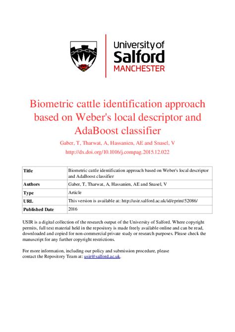 Pdf Biometric Cattle Identification Approach Based On Webers Local Descriptor And Adaboost