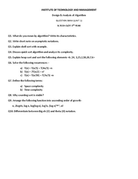 Daa Question Bank Unit 1 Institute Of Technology And Management